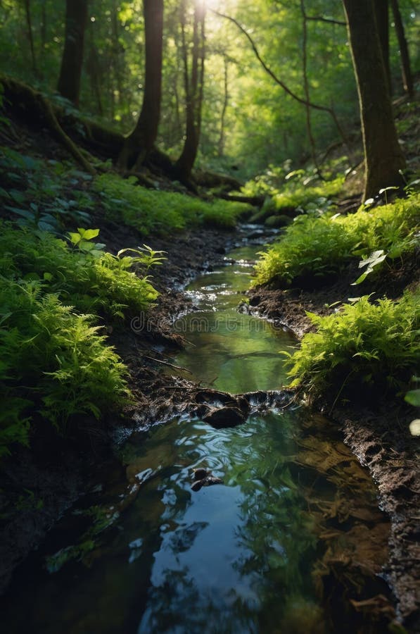 Serene Forest Stream: Sunlit Creek Flowing through Lush Green Mossy ...