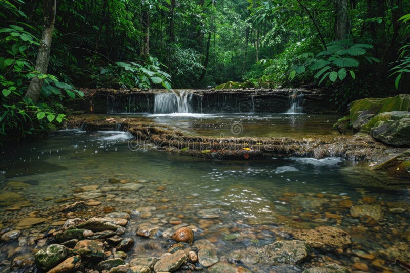 Serene Forest Stream Waterfall in Lush Green Park Landscape Stock Image ...