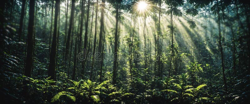 Serene Forest with Sunlight Rays through Trees Stock Illustration ...