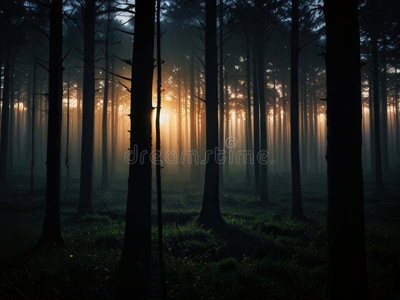 Serene Forest at Sunset with Ethereal Light through Tree Canopy Stock ...