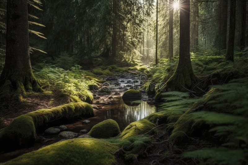 Serene Forest with Swaying Trees and Sun Rays Stock Illustration ...