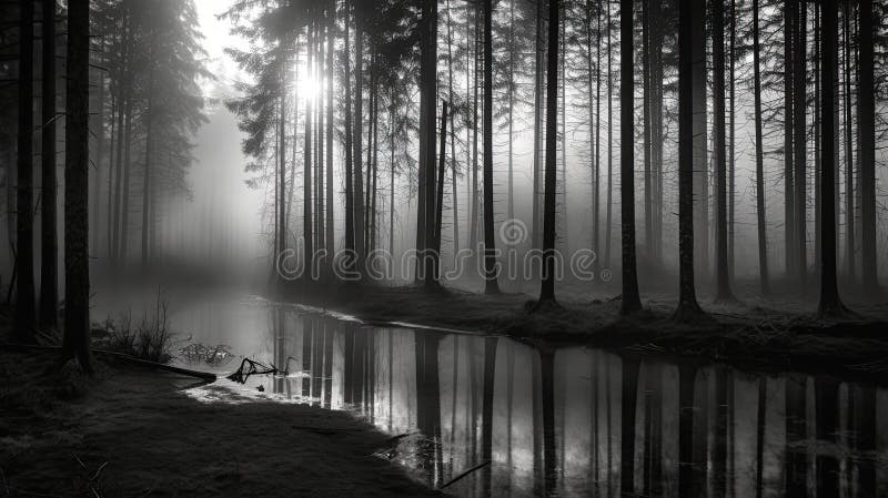 Serene Forest Trees with Reflection in the Water at Dawn Stock ...