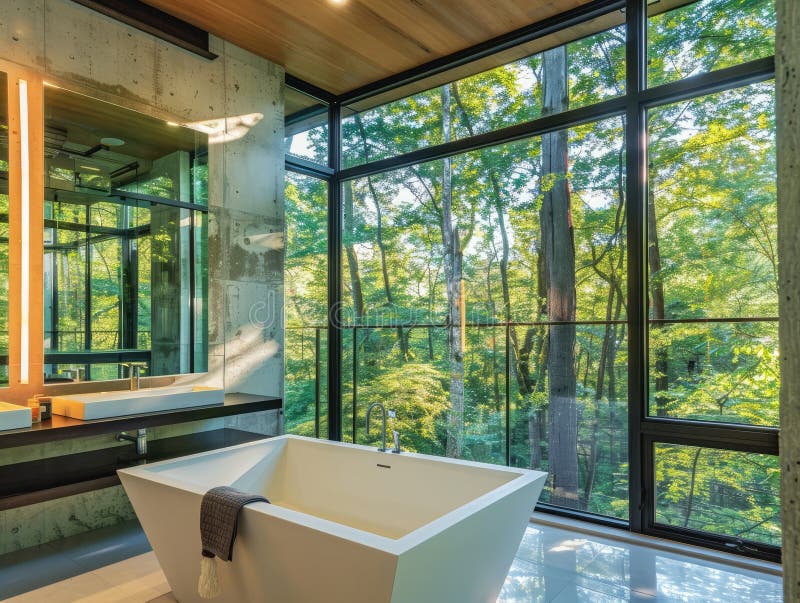 Serene Forest-view Bathroom with Modern Design Stock Illustration ...