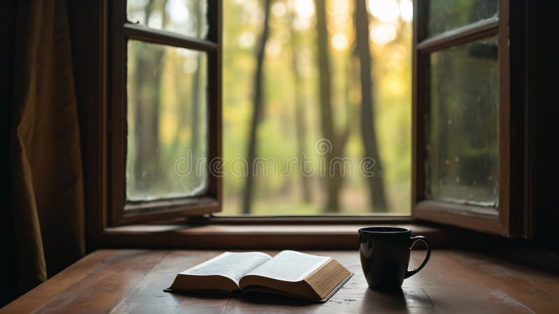 Serene Forest View, Book, Coffee, and Open Window Stock Illustration ...