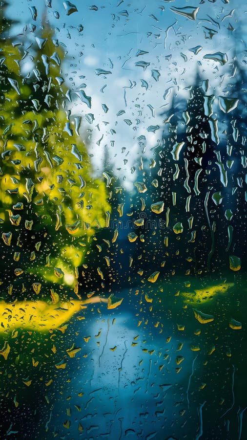 Serene Forest View through Rain Speckled Window, Distorted by Droplets ...
