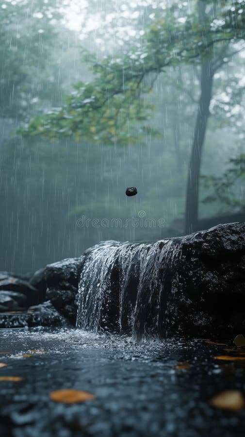 Serene Forest Waterfall in Rain with Falling Leaf and Misty Atmosphere ...