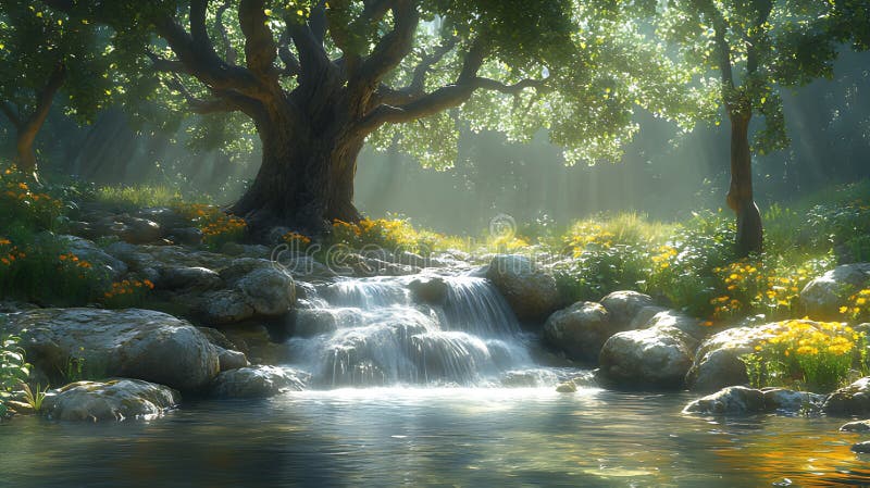 Serene Forest Waterfall, Sunlit, Tranquil Pool, Background Trees ...