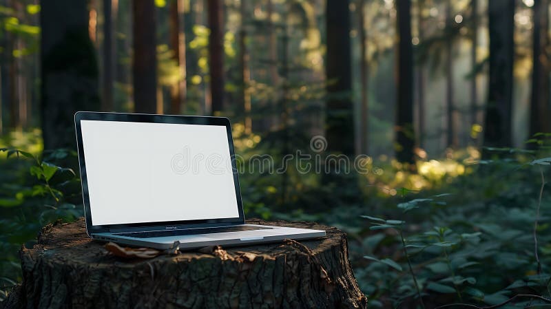 Serene Forest Workspace - Laptop Mockup on Tree Stump in Peaceful ...