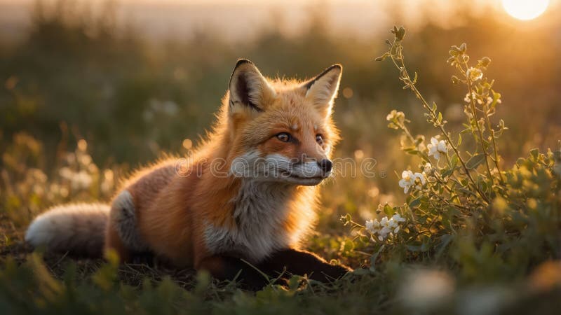 Red Fox in Golden Hour Meadow Sunset Stock Illustration - Illustration ...