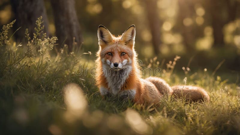 Red Fox Lying in Grass at Golden Hour Sunlight Stock Illustration ...
