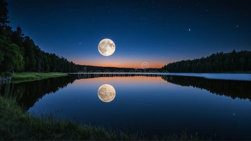 Serene Full Moon Reflection on a Tranquil Lake Under a Starry Night Sky ...