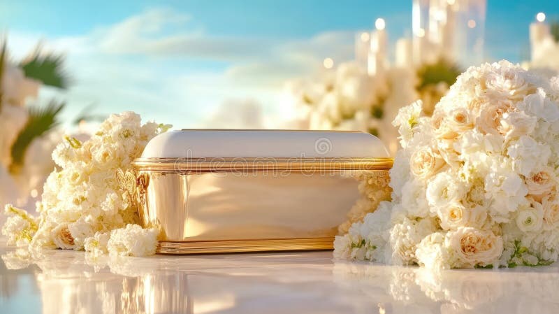 Serene Funeral Scene with Coffin and White Flowers for Memorial Design ...