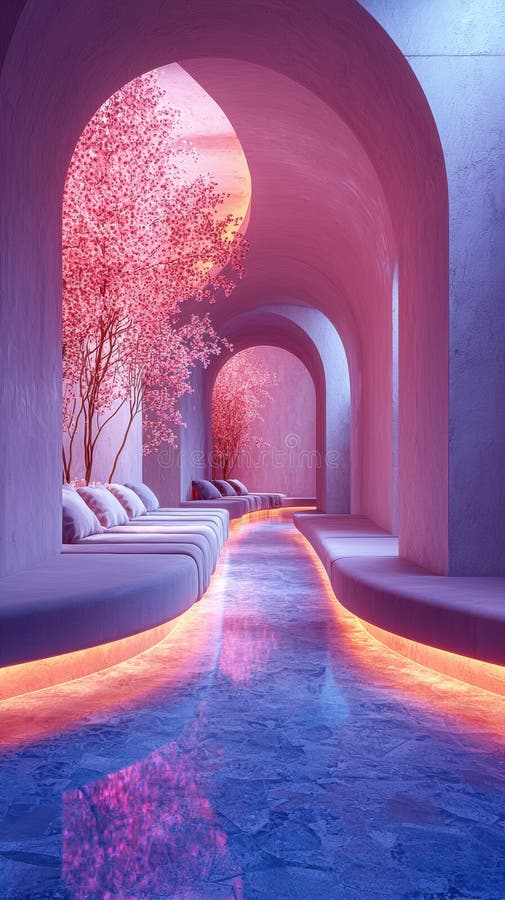 Serene Futuristic Learning Space with Pink Trees, Soft Seating, and ...