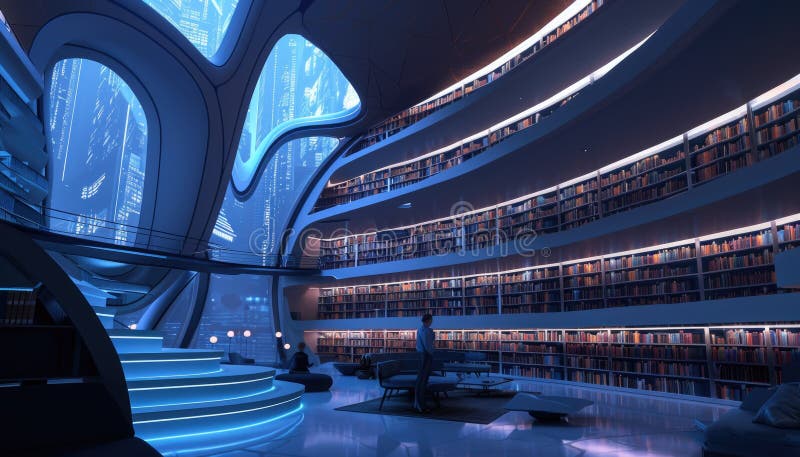 Serene Futuristic Library: Humans and AI Embrace Learning AIG60 Stock ...
