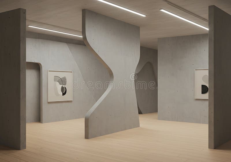 Serene Gallery Interior Featuring Concrete Structures and Minimalist ...