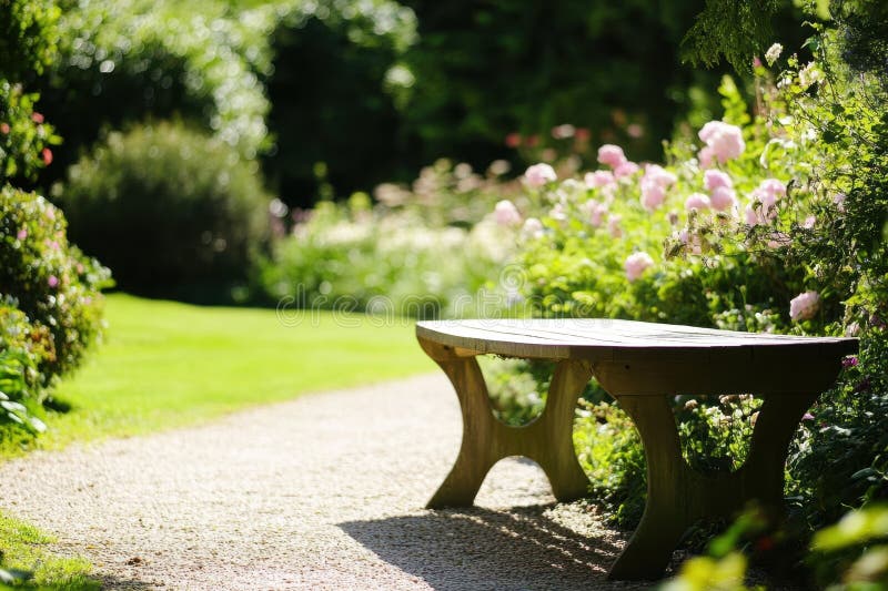 Serene Garden Bench Path with Blooming Flowers in Sunlit Tranquil ...