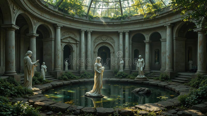 Serene Garden with Classical Statues and Reflective Pool Stock ...