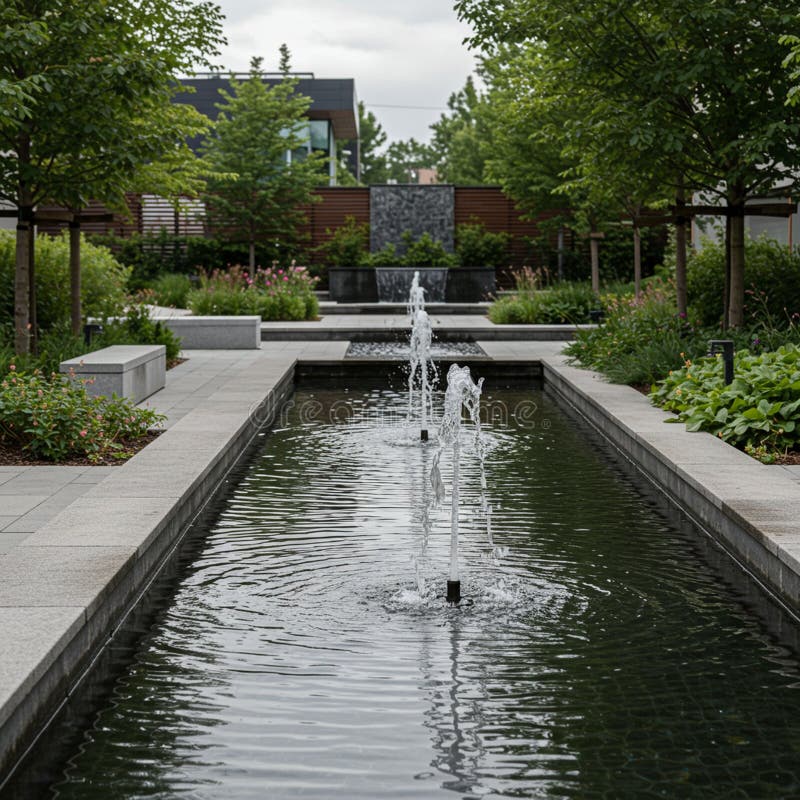 A Serene Garden Features a Rectangular Reflecting Pool with Three Water ...