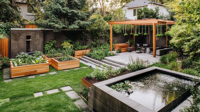 A Serene Garden Featuring Raised Beds, a Pond, and a Relaxing Seating ...