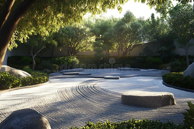 Serene Garden Landscape with Gentle Paths and Lush Greenery Stock ...