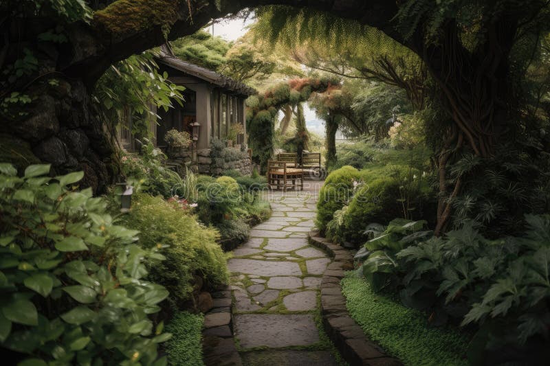 Serene Garden with Lush Foliage and Stone Pathways Twisting through the ...