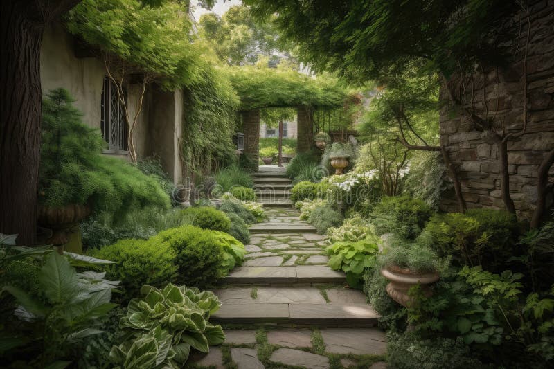 Serene Garden with Lush Foliage and Stone Pathways Twisting through the ...