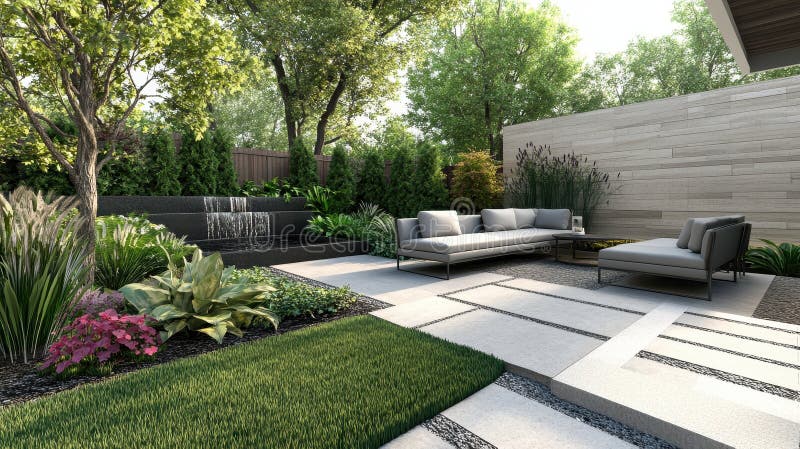 A Serene Garden with Modern Seating, Water Feature, and Lush Greenery ...