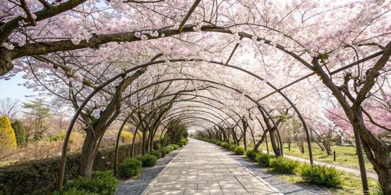 Cherry blossom garden path stock illustration. Illustration of treepath ...