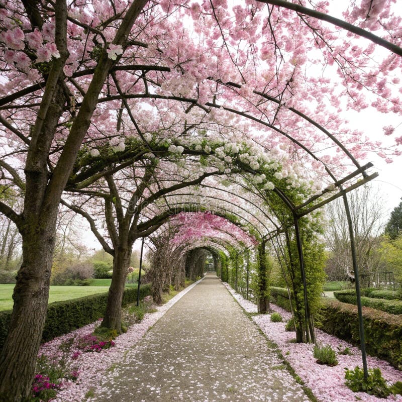 Cherry blossom garden path stock illustration. Illustration of ...