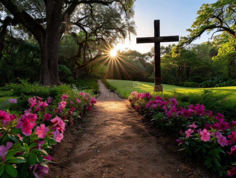 Serene Garden Path with Cross and Sunburst Stock Illustration ...