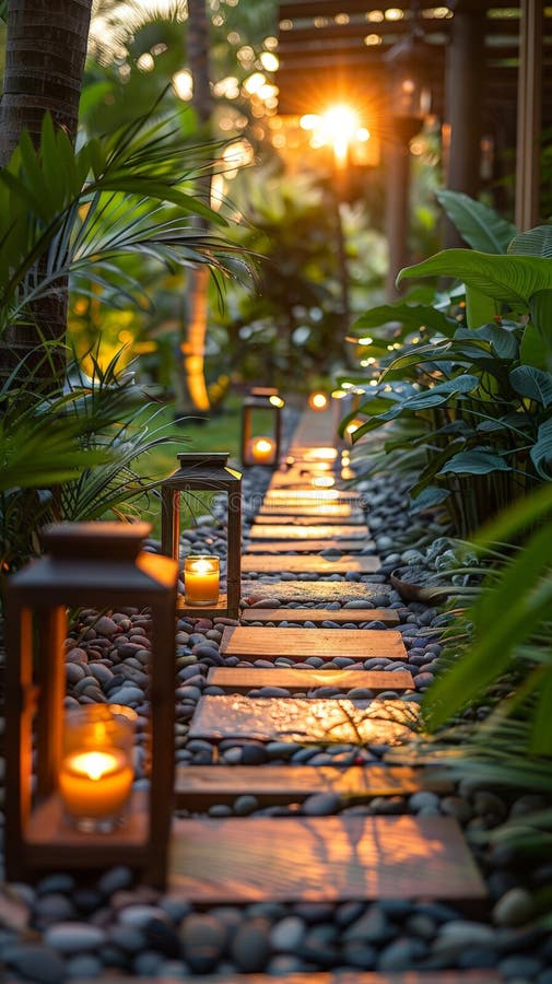 A Serene Garden Path with Lanterns and Candles at Sunset Creating a ...