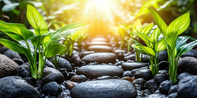 Serene Garden Path Lush Greenery Growing Along a Stone Walkway Stock ...