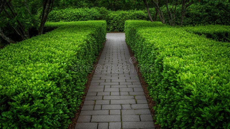 Serene Garden Path Meandering through Lush Hedges Stock Illustration ...