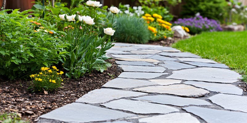 Serene Garden Path Stone Walkway Winding through Blooming Flowers Stock ...
