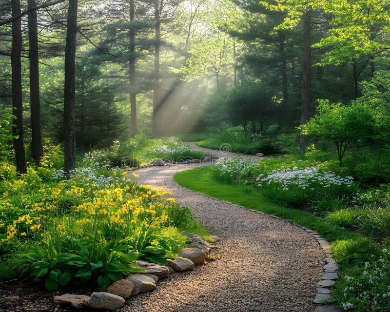 Serene Garden Path Sunlight Trees Flowers Nature Rays Calm Woods Trail ...