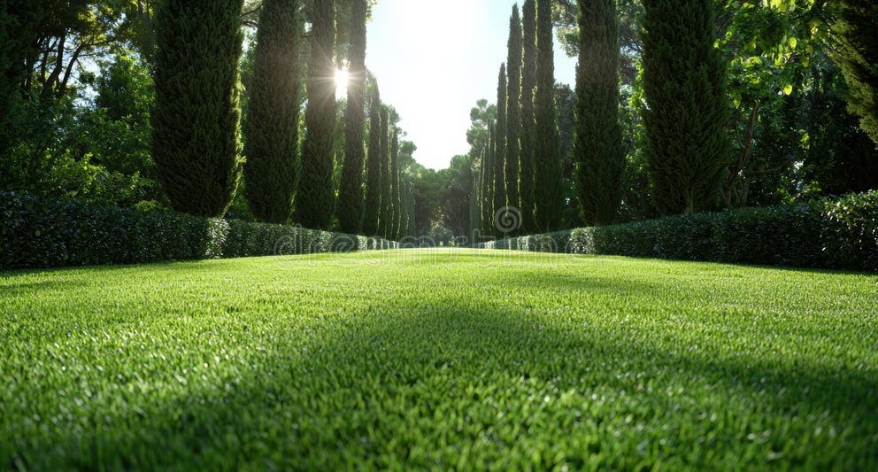 Serene Garden Path with Towering Cypress Trees Stock Illustration ...