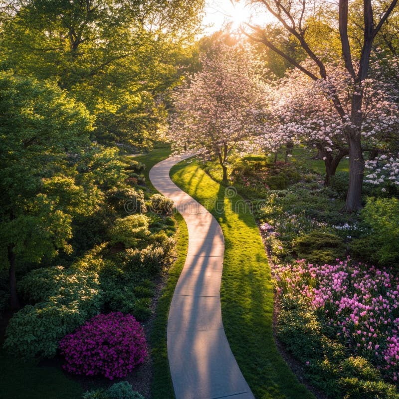 Serene Garden Path Under Sunrise Stock Illustration - Illustration of ...