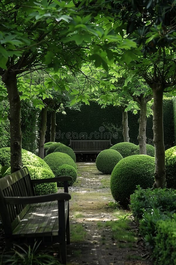 Serene Garden Pathway with Benches and Manicured Greenery Stock ...