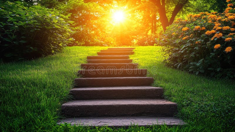 Serene Garden Pathway Illuminated by Golden Sunset Stock Image - Image ...