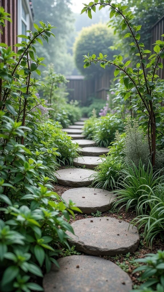 Serene Garden Pathway with Lush Greenery and Circular Stones Stock ...