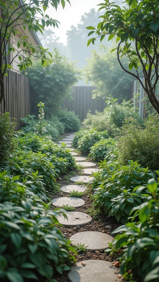 Serene Garden Pathway with Lush Greenery and Sunlit Foliage in a ...