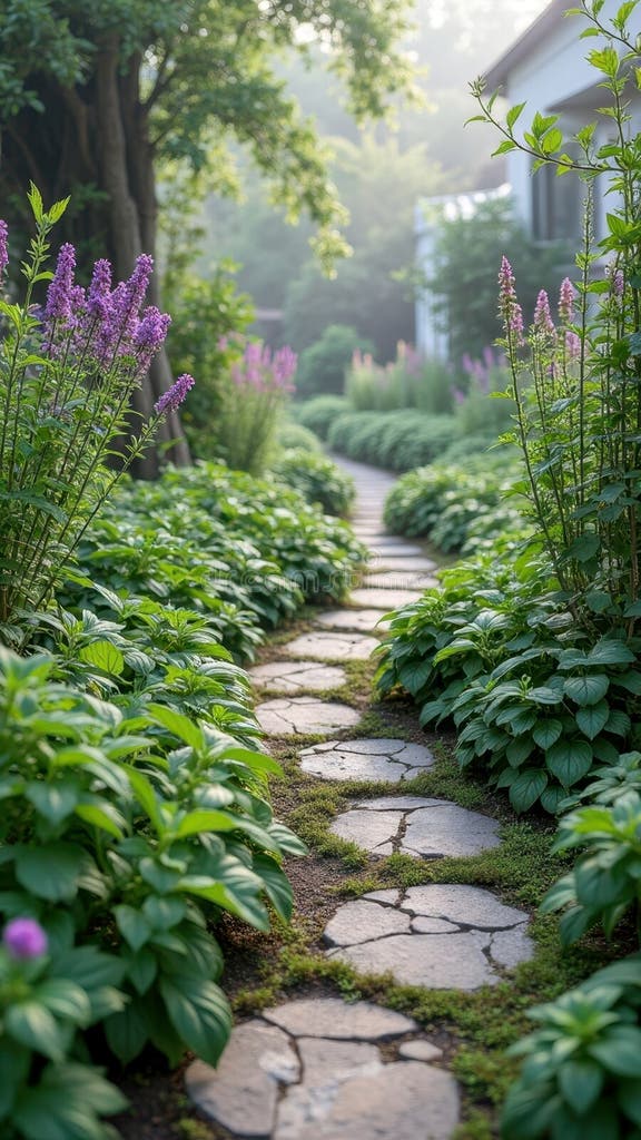 Serene Garden Pathway with Purple Flowers and Lush Greenery Stock Image ...