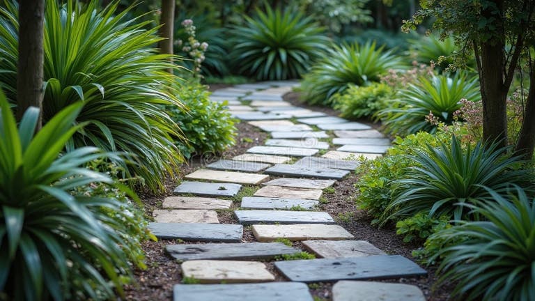 Serene Garden Pathway with Stone-paved Path Stock Photo - Image of ...