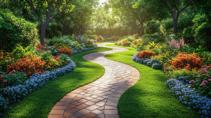 Serene Garden Pathway Winding through Vibrant Flower Beds and Lush ...