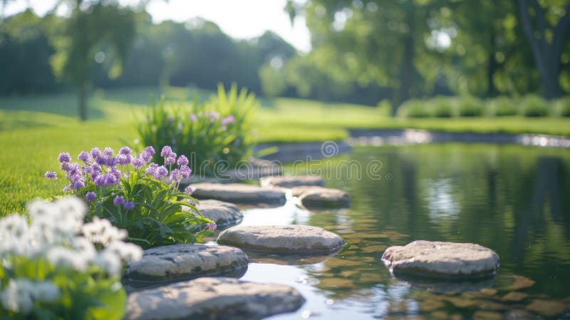 Serene Garden Pond with Stone Path Stock Illustration - Illustration of ...