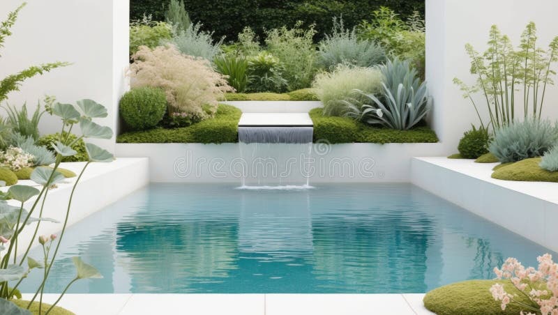 Serene Garden Pool with Waterfall and Lush Landscape. Stock Image ...