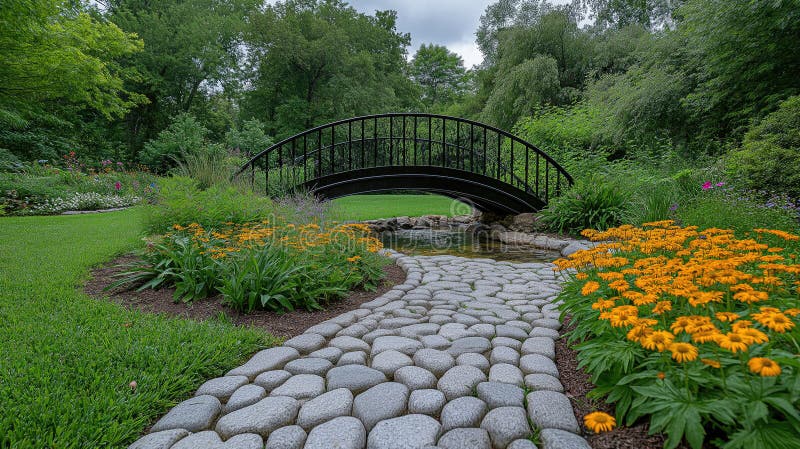 Serene Garden Scene Bridge Over Stream Blooming Flowers Stock Photos ...