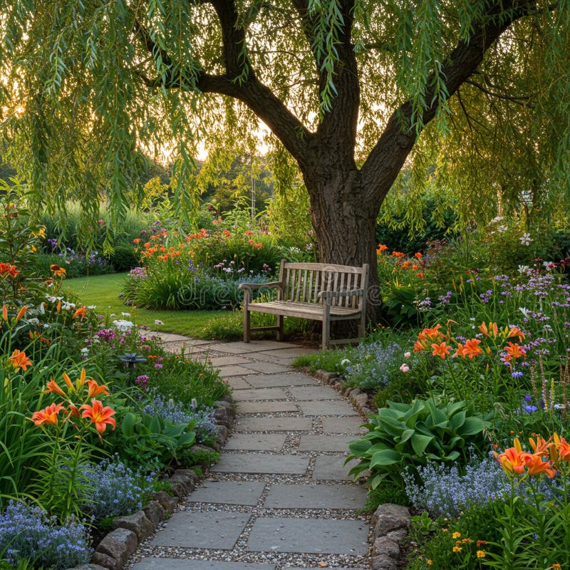 A Serene Garden Scene Features a Wooden Bench Under a Large Willow Tree ...