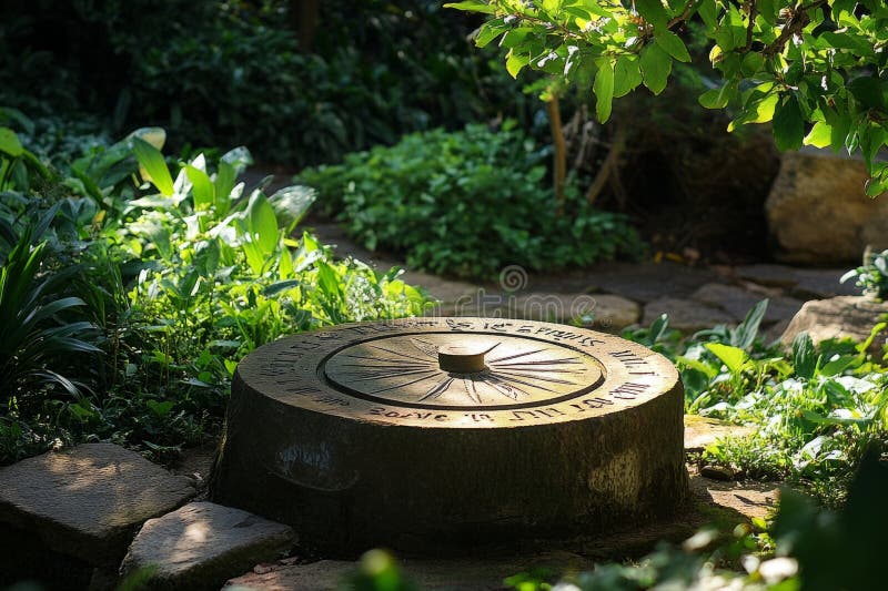 A Serene Garden Scene Featuring a Beautifully Designed Circular Stone ...