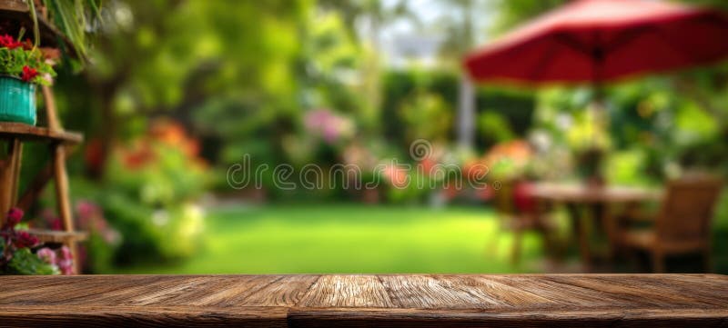 The Serene Garden Scene with a Wooden Table and Vibrant Greenery ...